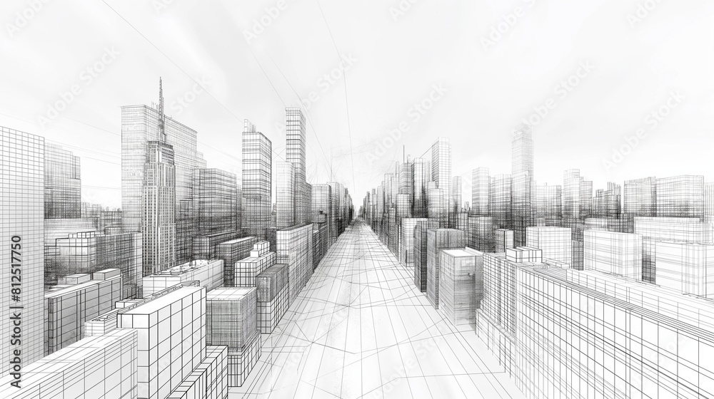 Abstract 3d city rendering with lines and digital elements. Digital ...