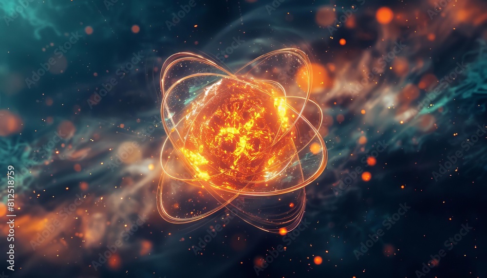 Showcase a theoretical model of an atom, with a nucleus at its center ...