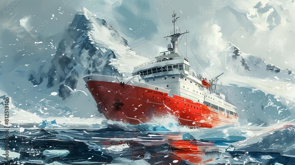 Sketch a polar expedition ship navigating through icy waters, its bow ...