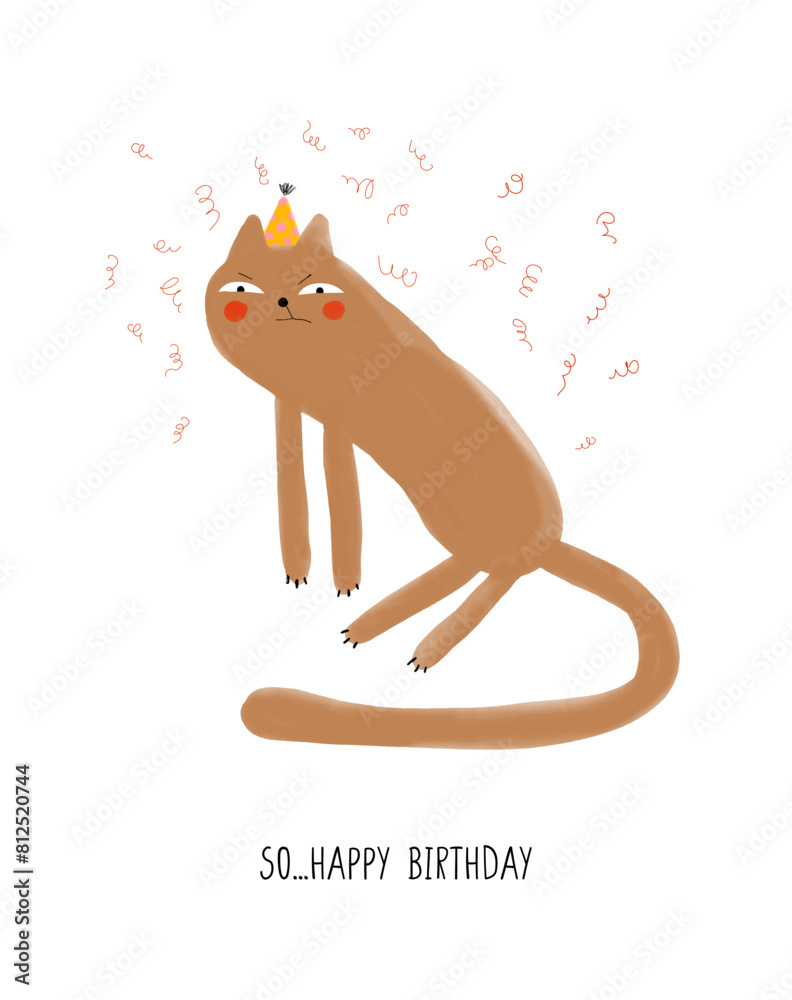 Funny Birthday Card with Angry Cat in a Paper Hat. Brown Disgusted ...