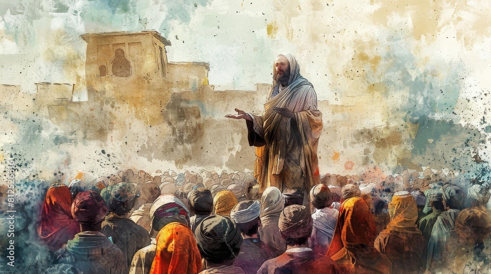 Digital watercolor of Jesus preaching to a crowd, soft hues capturing a ...