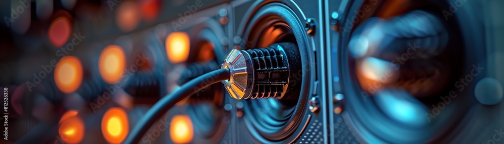 Closeup of an audio jack being plugged into a speaker, front view ...