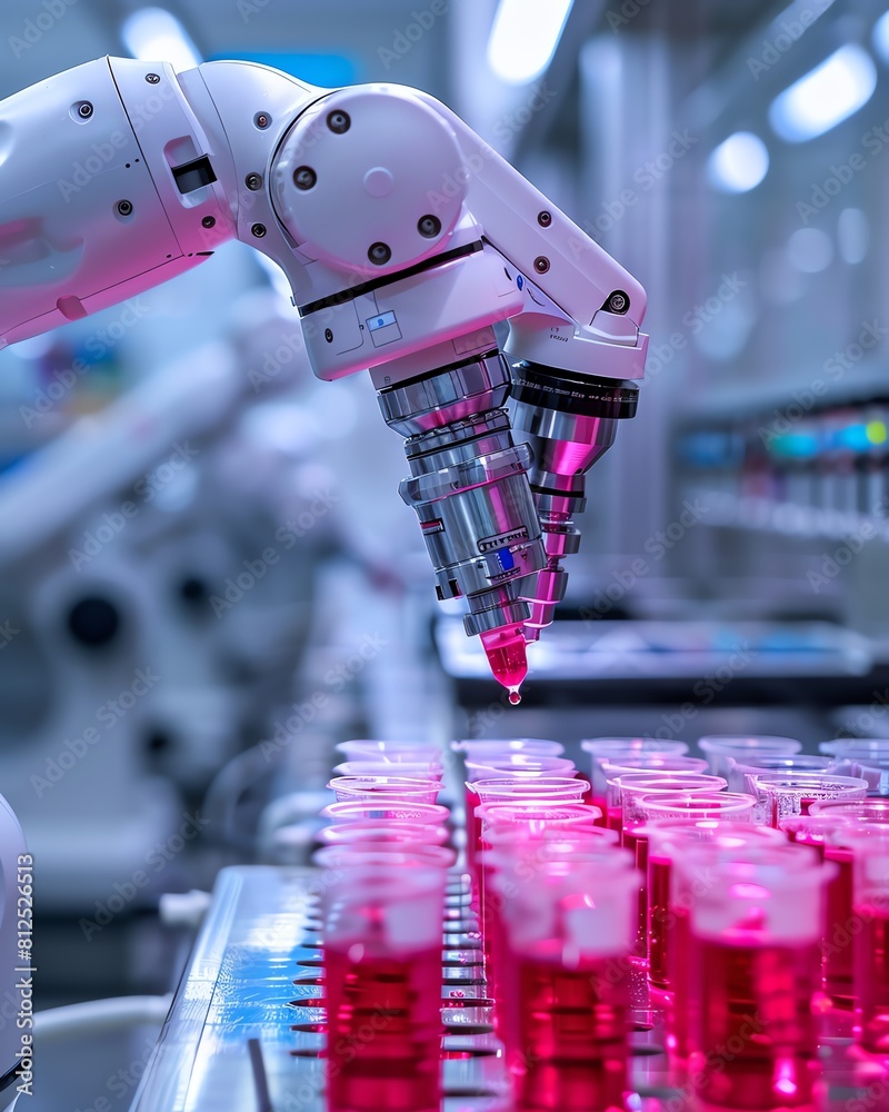 Closeup of robotic arms conducting tissue culture in food biotechnology ...