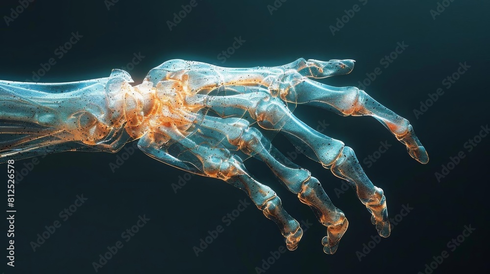 Image of a skeletal hand, bone density loss depicted with fading colors ...