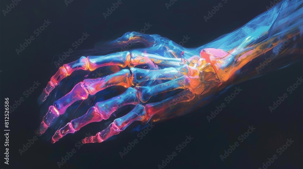 Image of a skeletal hand, bone density loss depicted with fading colors ...
