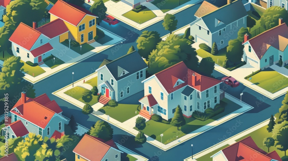 A cartoon drawing of a neighborhood with houses and trees. The houses ...