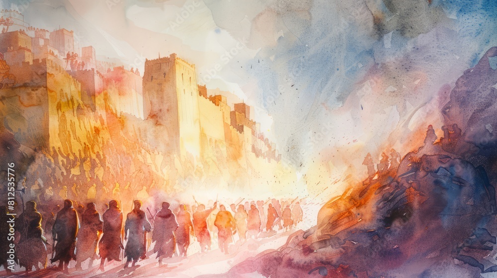 Dynamic watercolor illustration of the Battle of Jericho with Joshua ...
