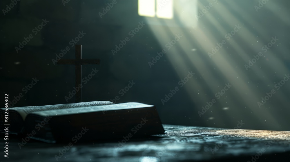 Empty space with a silhouette of a cross and copy of the Book of ...