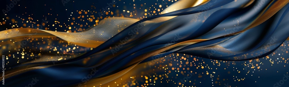 Abstract blue and gold background with flowing fabric and gold dots ...