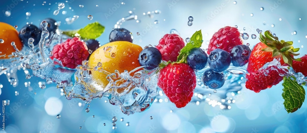 Colorful flying fresh berries and fruits with splashes of water on blue ...