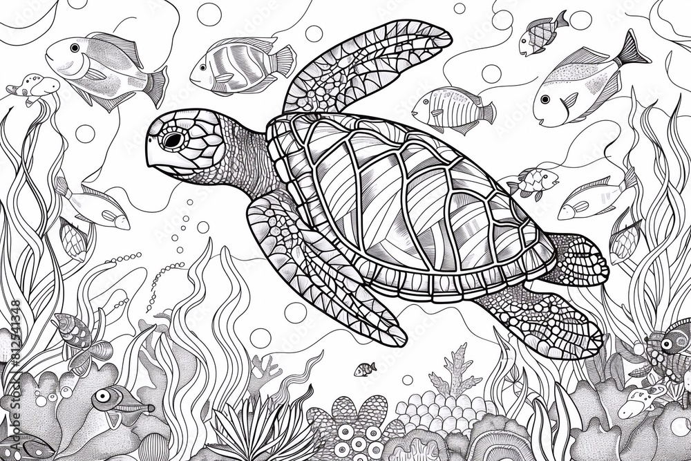 Stylized composition of turtle (tortoise), tropical fish, underwater ...