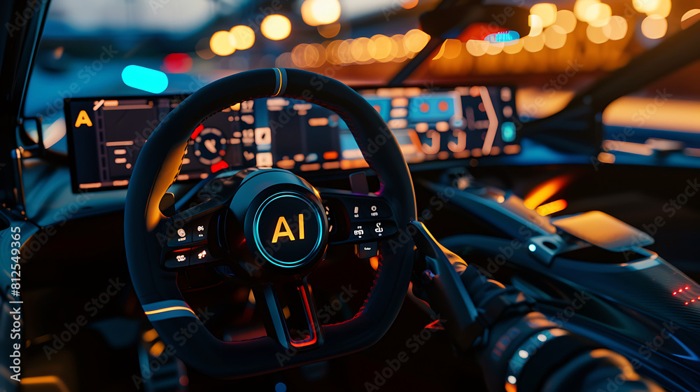 Futuristic Car Dashboard: Illuminated Panels Displaying 'AI', Signaling ...