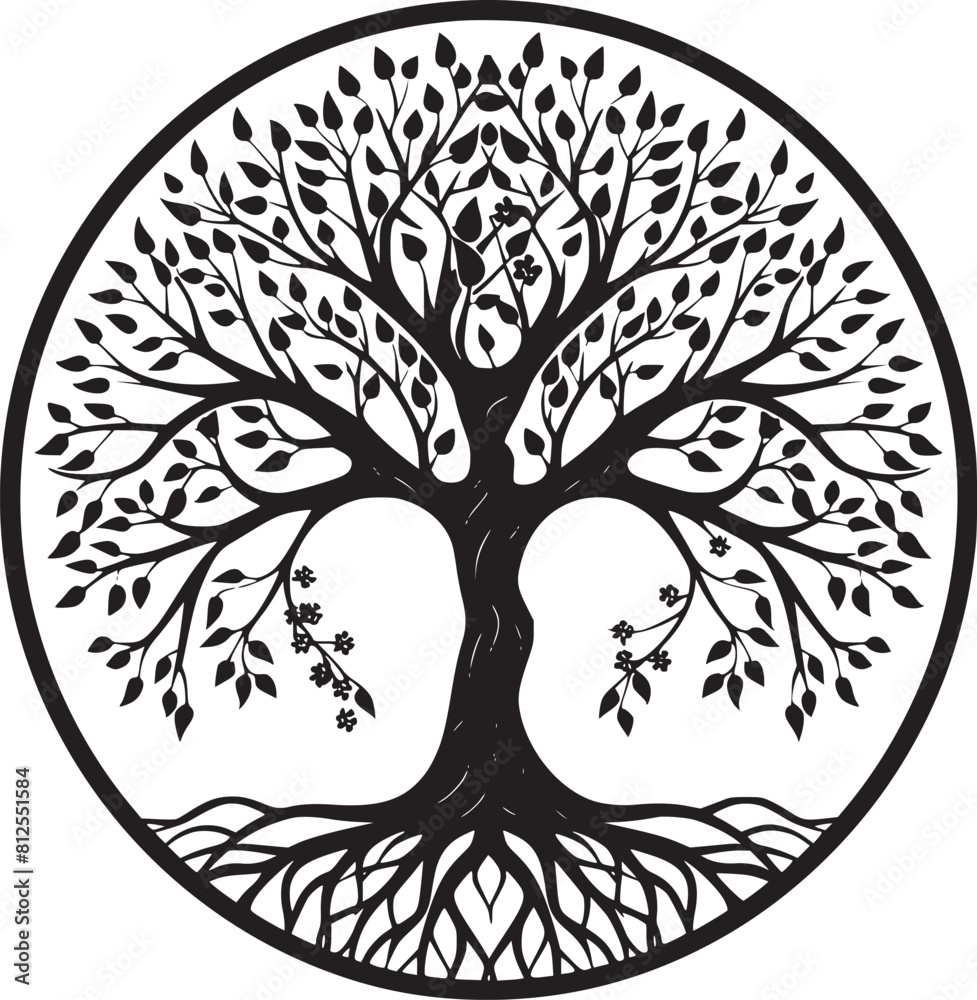 line art nature logo vector design oak tree inside circle, abstract ...
