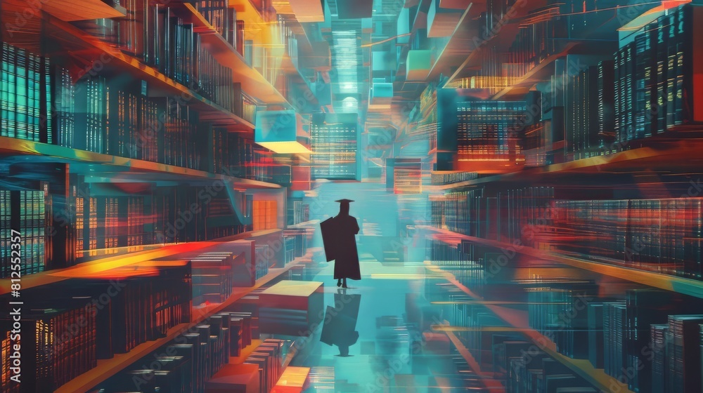 Abstract surrealism with a graduate in a surreal library Stock ...