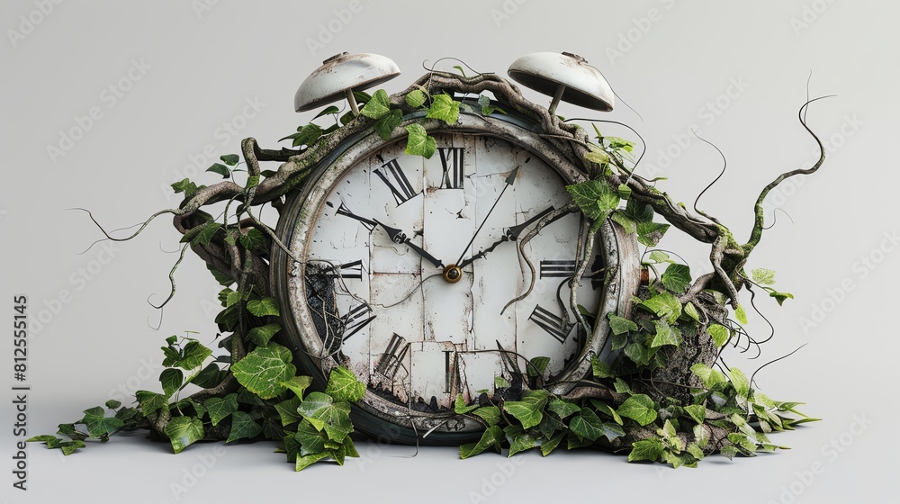 A sculpture of a clock with its hands tied by vines, representing the ...