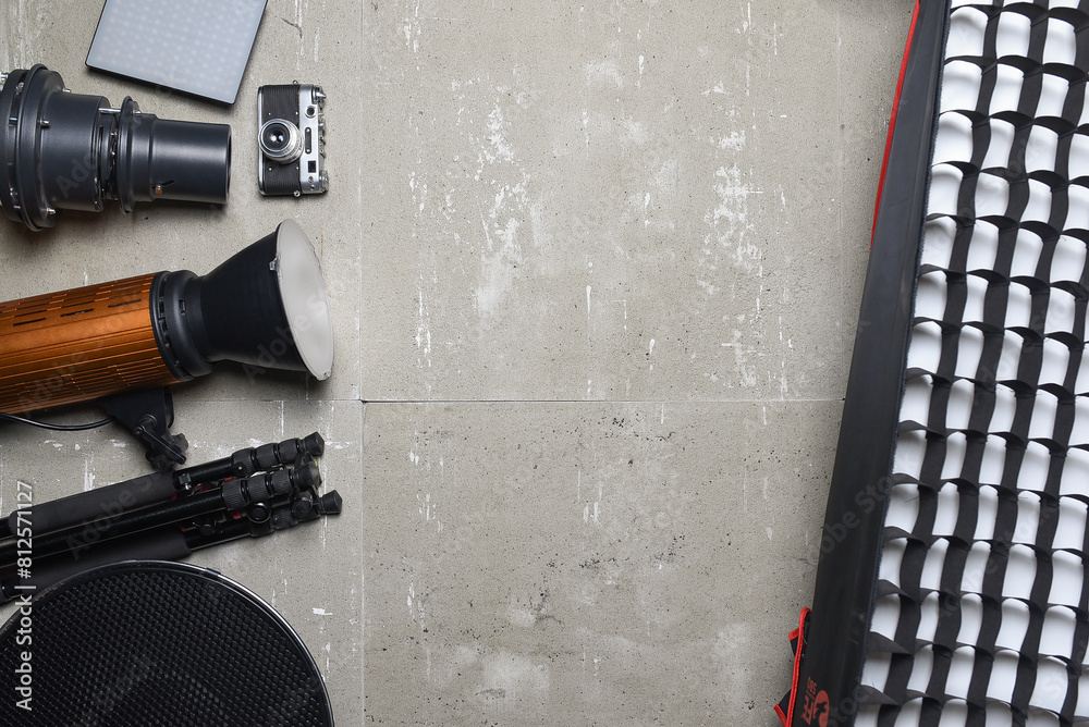 Photo studio equipment concept top view background with copy space ...