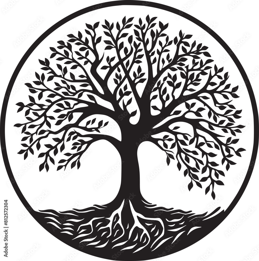 line art nature logo vector design oak tree inside circle, abstract ...