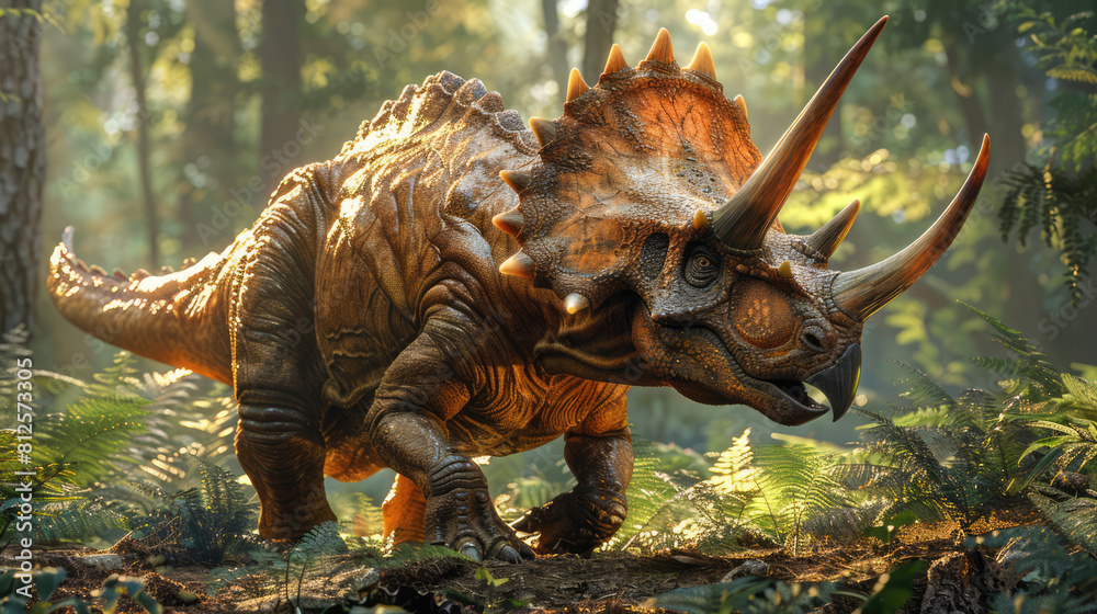 hyper-realistic shot of A Triceratops displaying its impressive array ...