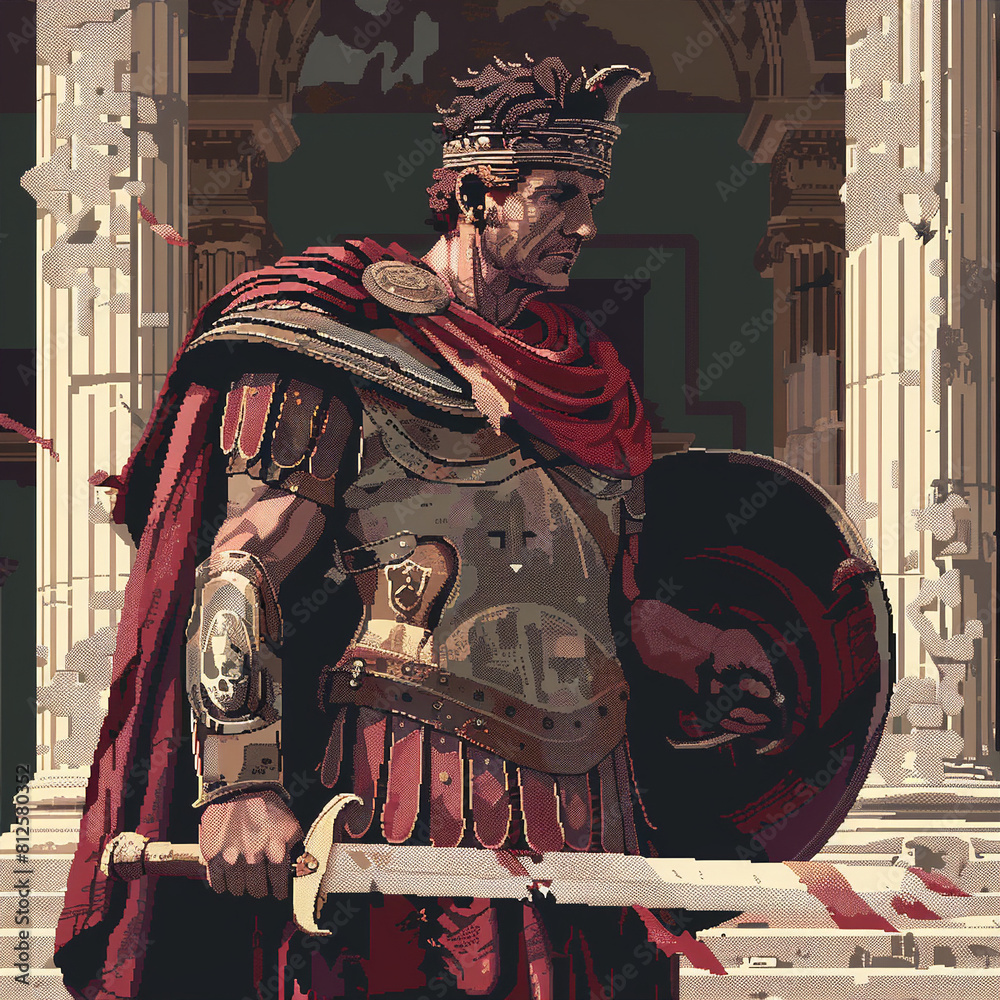 A pixelated Roman soldier stands in front of a temple, his sword drawn ...