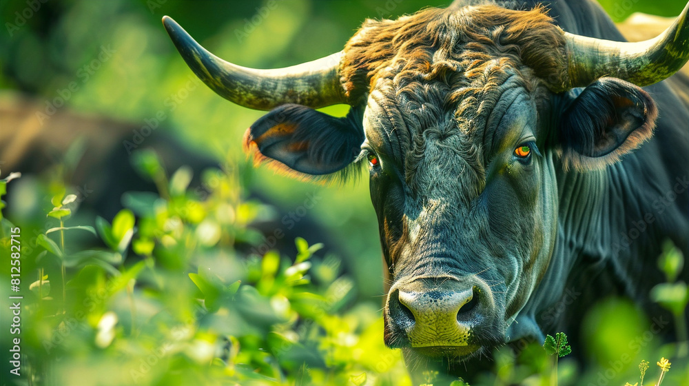 Closeup portrait of a bull with big horns staring at the camera with ...