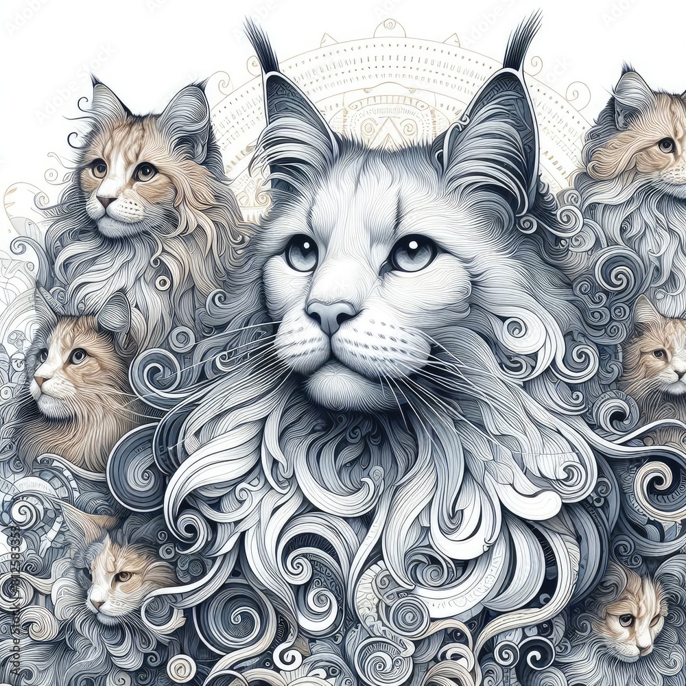 A maine coon cat with many maine coon cats image art realistic harmony ...
