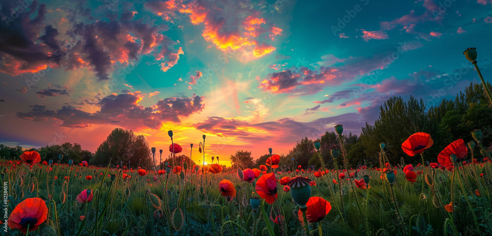 Poppy field at sunset, sky painted in Memorial Day colors of ...