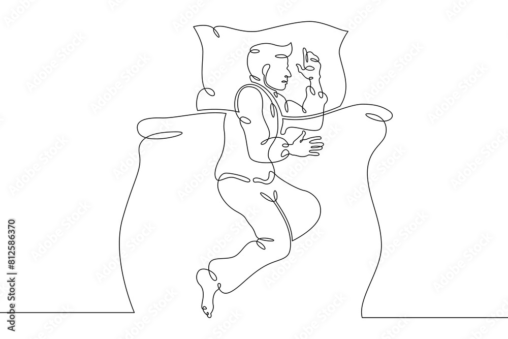 One continuous line.Man sleeps on a pillow under a blanket.Sleeping man ...