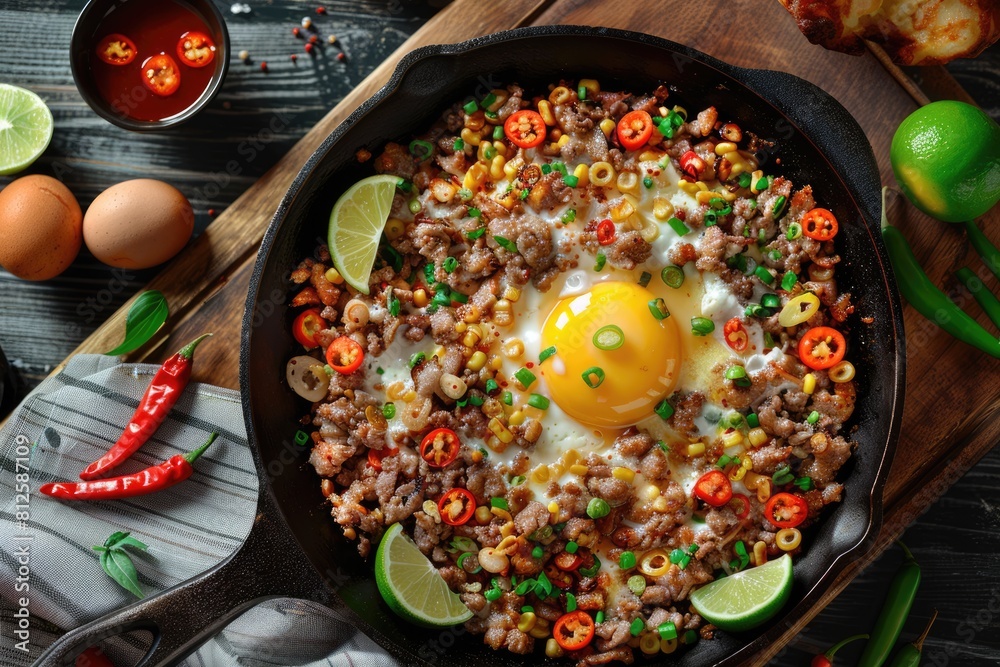 Authentic Sisig Portion Served with Egg, Lime, and Chili Pepper. Tasty ...