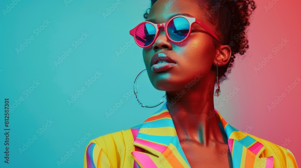 fashion model dressed in colorful Y2K era outfits, showcasing bold ...
