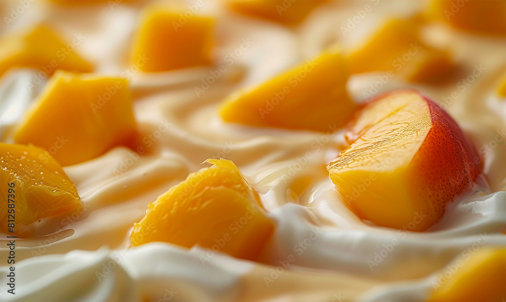 Macro lens reveals velvety peach and mango chunks nestled in creamy ...