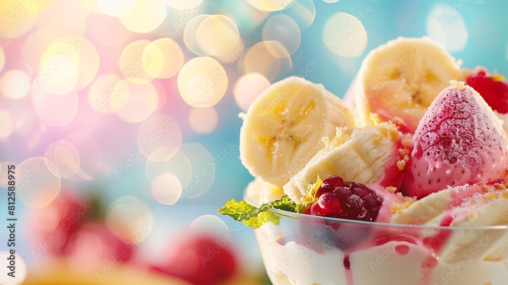 Ice cream scoops in sundae cup background blur banana milk stawberry ...