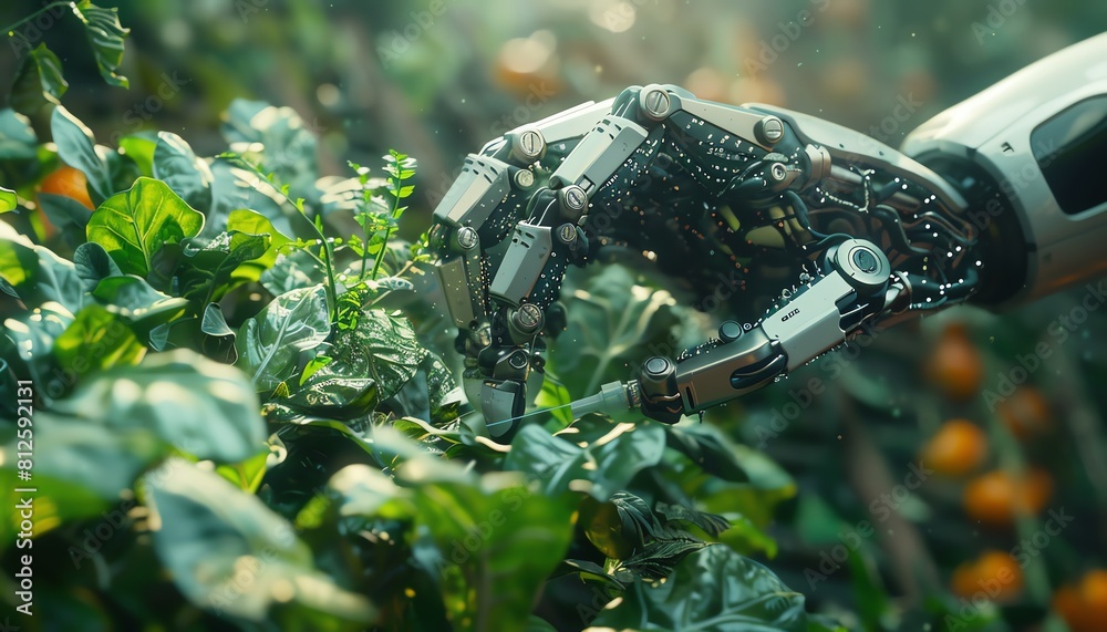Extreme closeup of a robotic hand injecting nutrients into vegetables ...