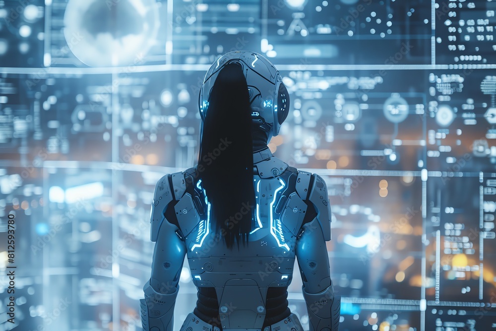 Back view, person facing robotic AI, futuristic technology environment ...