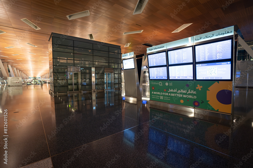 DOHA, QATAR - OCTOBER 13, 2023: flight information display system as ...