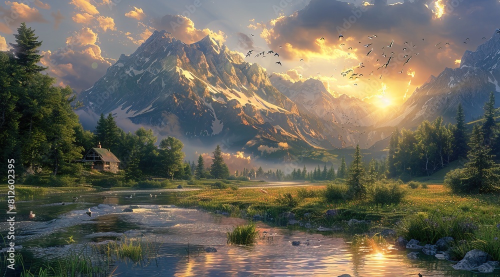 photograph of an idyllic alpine valley with a river, mansion and birds ...