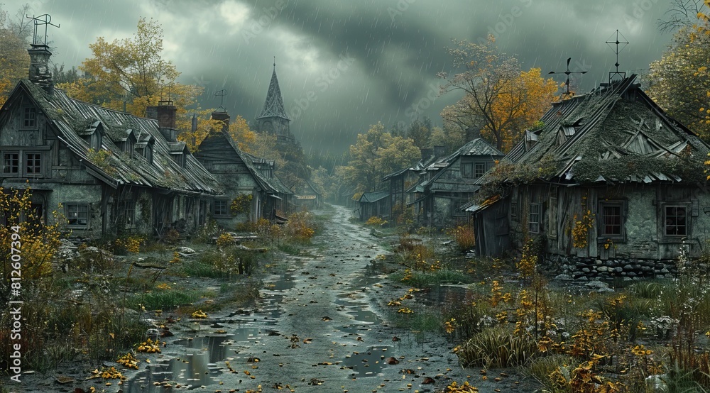 photorealistic image of an old village street with low houses, a wet ...