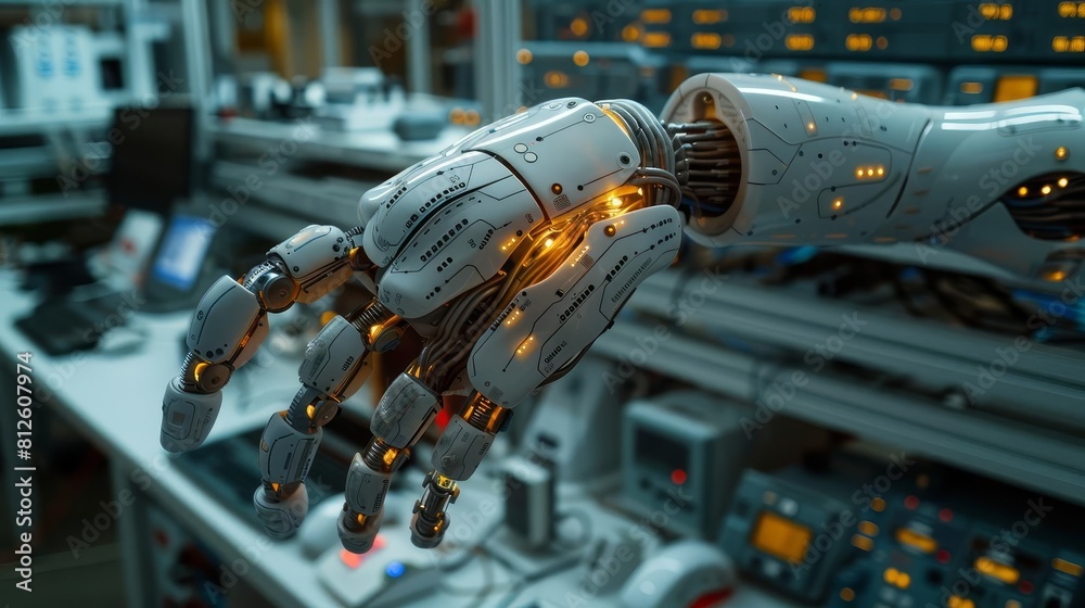 Visualize a cybernetics lab where scientists are integrating advanced ...