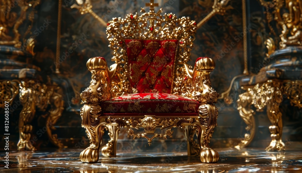 Visualize a majestic throne room with a gilded scepter and crown on a ...