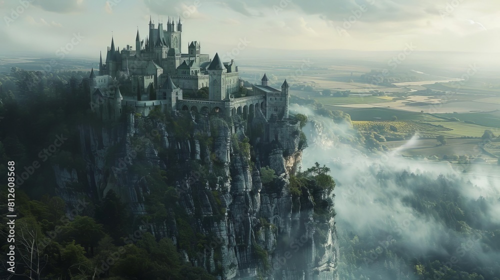 Visualize a medieval castle perched atop a rocky cliff, its imposing ...