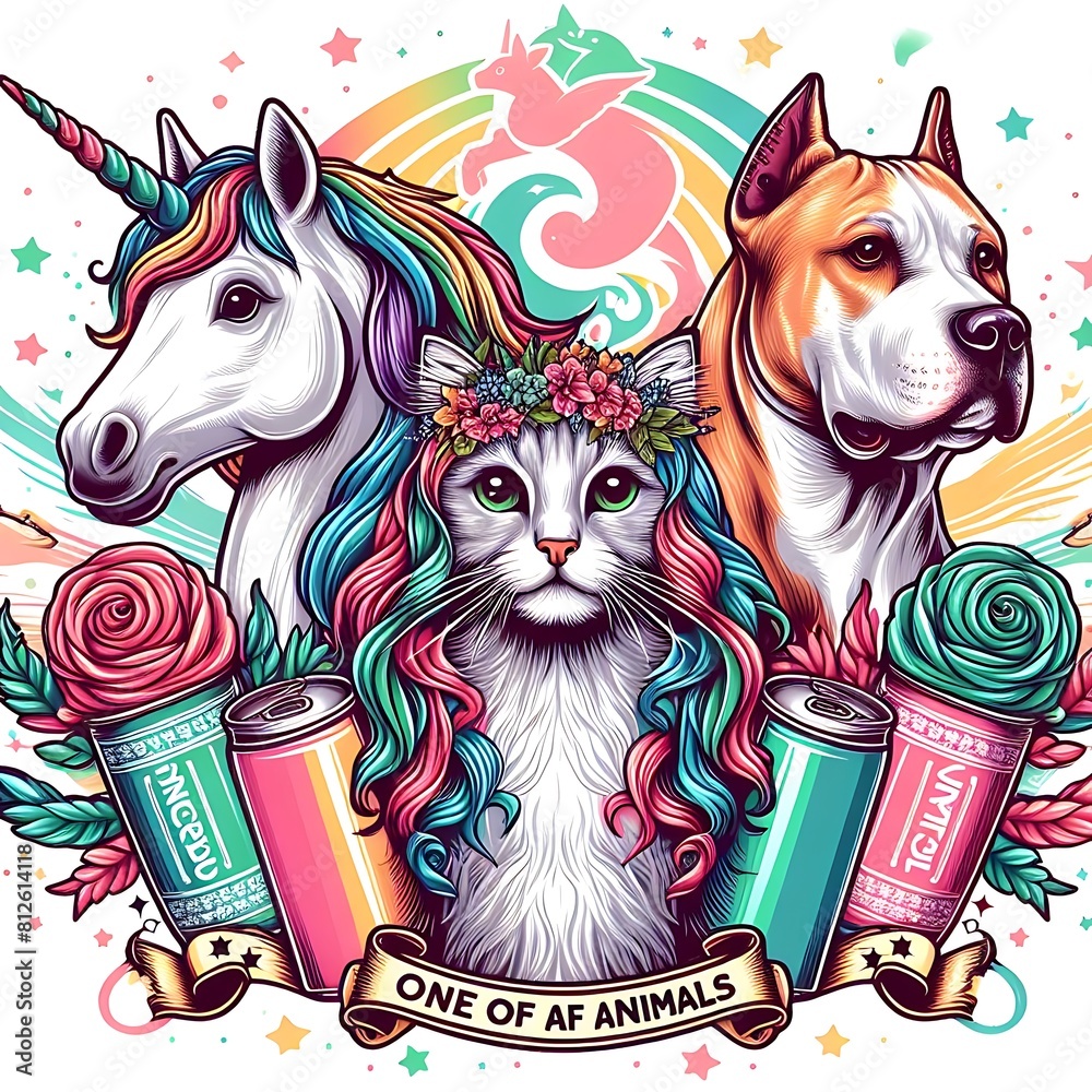 Many animals include dogs, cats, unicorns with rainbow hair and flowers ...