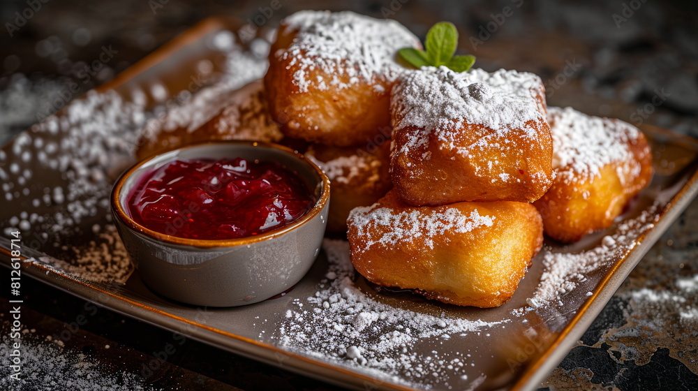Fluffy beignets dusted with powdered sugar and served with raspberry jam for dipping. Stock ...
