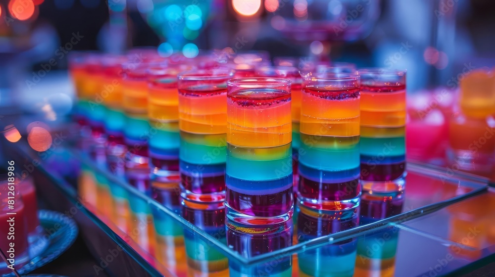 11 A vibrant display of rainbow layer jello shots, arranged neatly on a ...