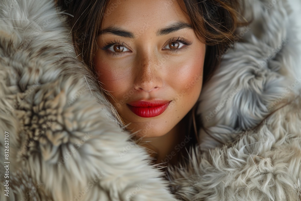 Evocative close-up of a woman with warm brown eyes and red lips ...