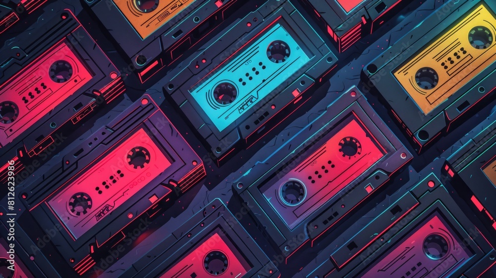 Seamless Pattern Featuring Rows of VHS Tapes with Oversized Stylized ...