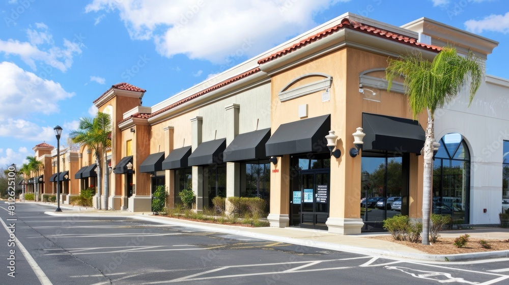 Front Of Building. New Commercial Strip Mall with Modern Office Facades ...