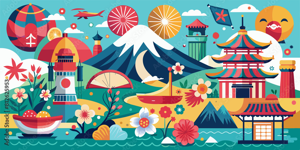 vector background with a set of Japanese summer icons for banners ...