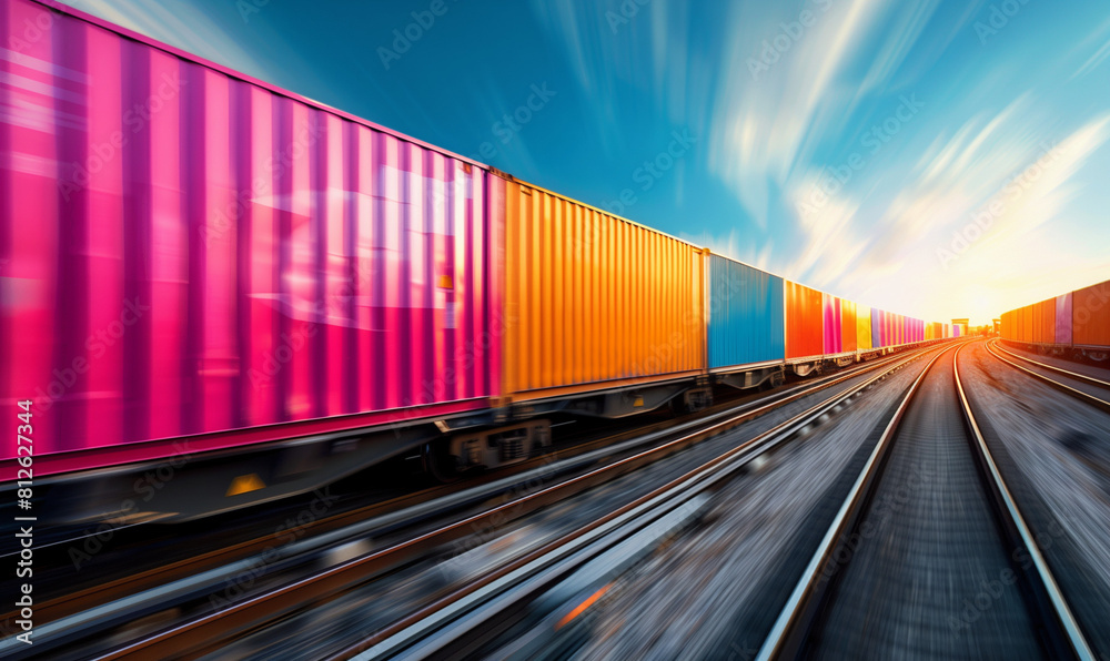 Against the background of the landscape, a high-speed freight train ...