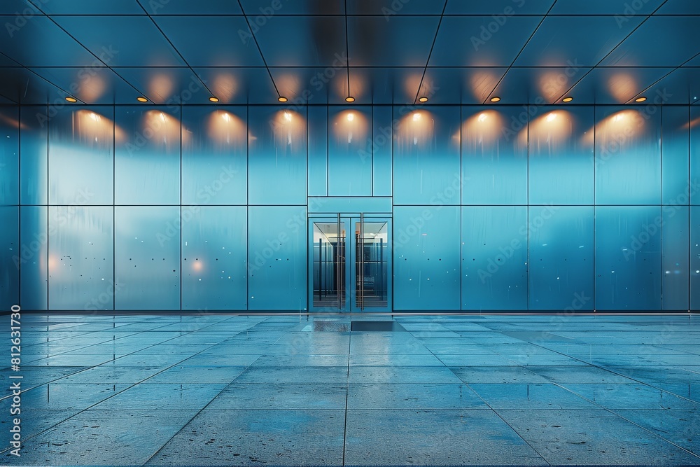 Nighttime scene of a reflective glass building facade lit by elegant ...