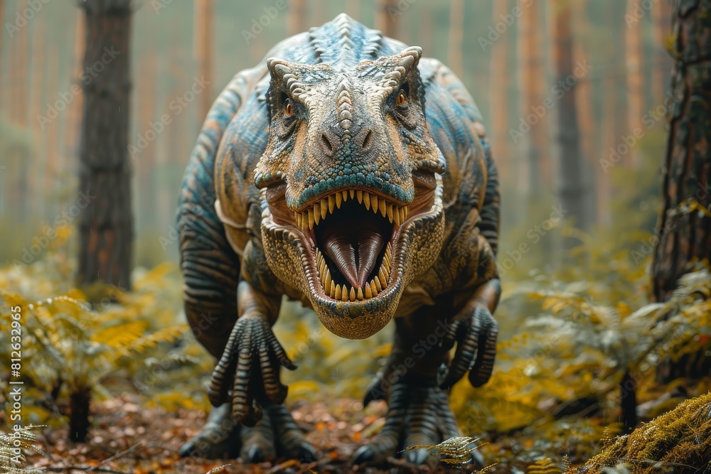 The digital image captures a menacing Allosaurus facing the viewer in a ...