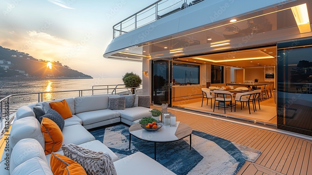Sofas and dining area on the deck of a luxury yacht with blue accents ...